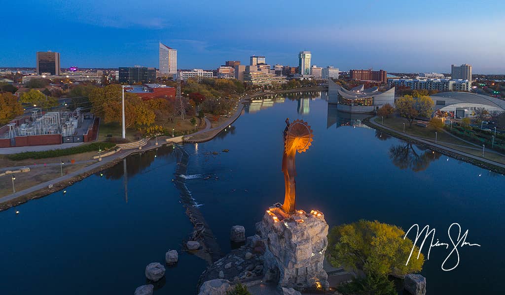 Aerial Autumn Sunset Over Wichita | The Keeper of the Plains, Wichita ...